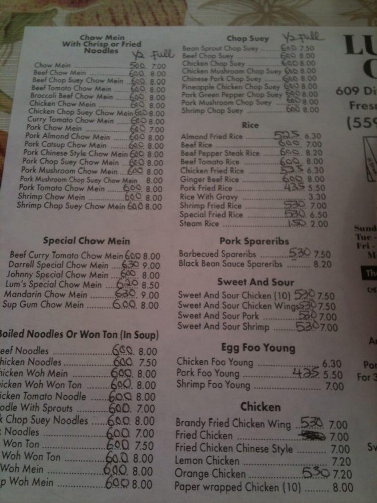 Menu at Lum's Chop Suey restaurant, Fresno
