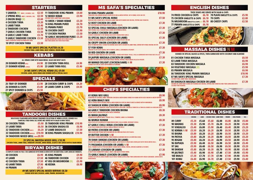 Menu at MS SAFA Fish & Chips And Indian Takeaway restaurant, Cleethorpes