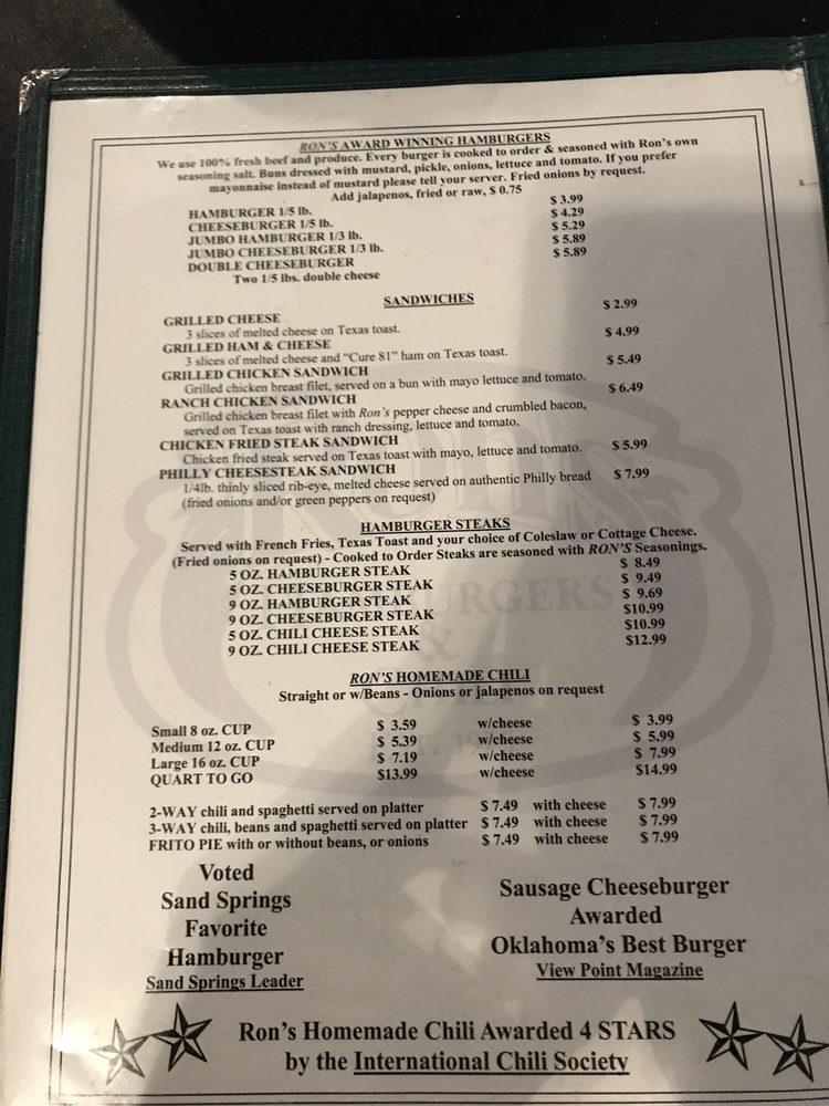 Menu at Ron's Hamburgers & Chili restaurant, Sand Springs, 233 S Adams Rd