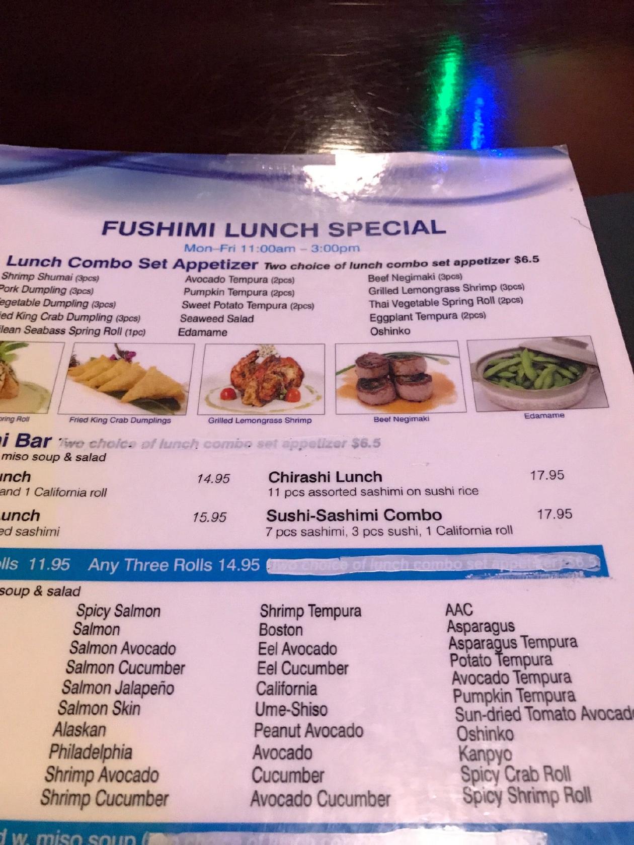 Menu at fushimi Japanese restaurant, Fairbanks, 607 Old Steese Hwy