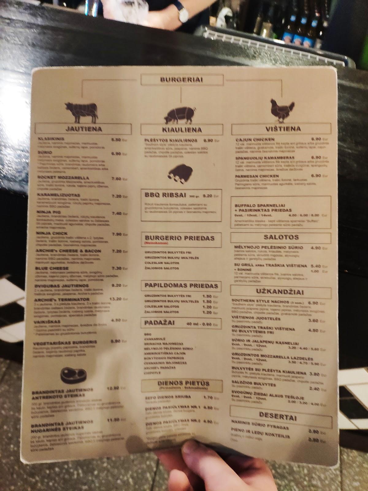 Menu at Archie's Burger restaurant, Vilnius