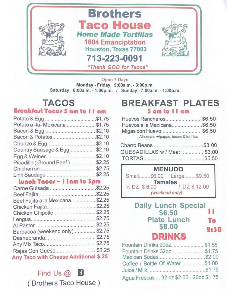 Menu at Brothers Taco House restaurant, Houston