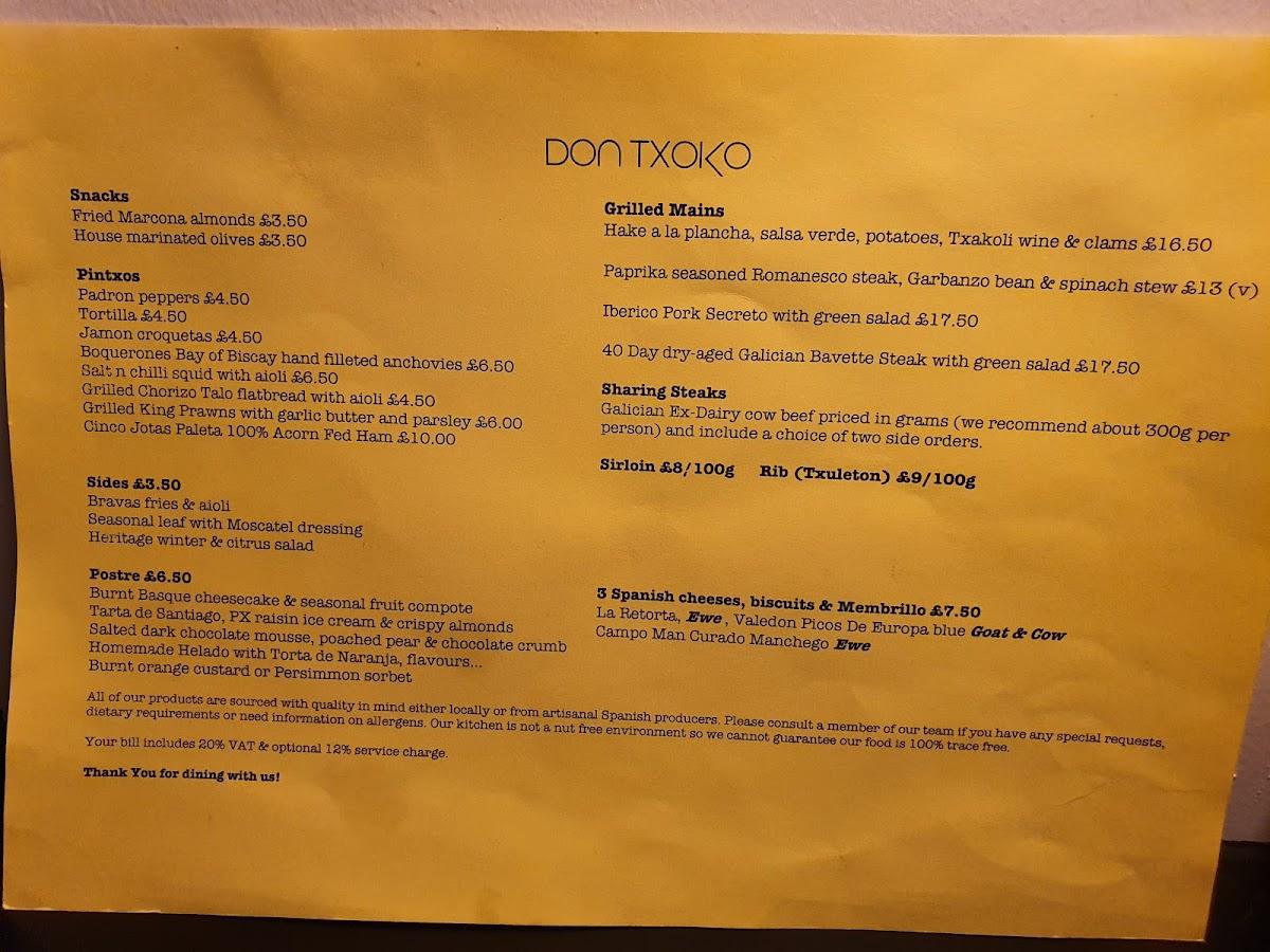 Menu at Don Txoko restaurant, Norwich
