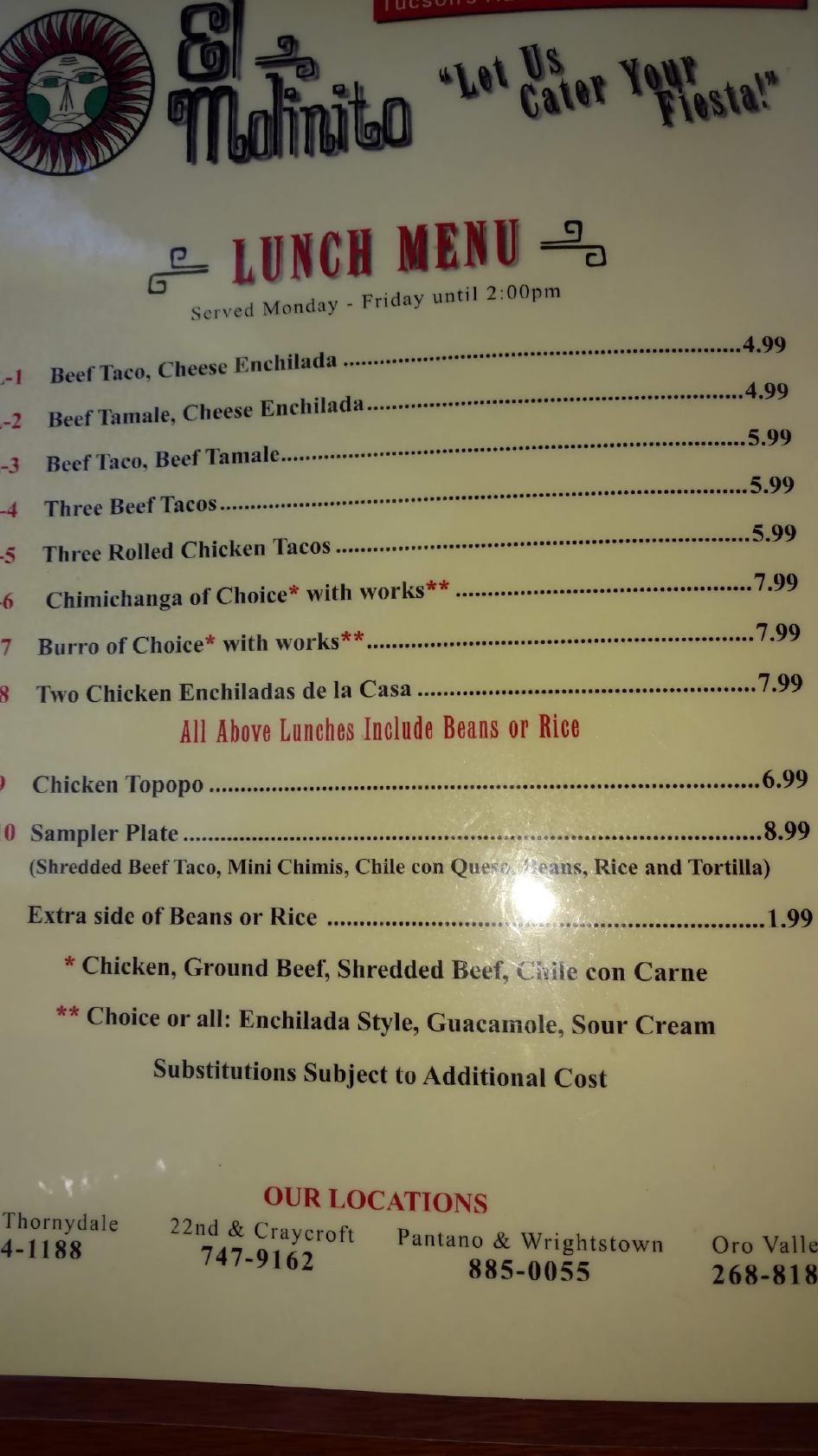 Menu at El Molinito restaurant, Tucson, E 22nd St