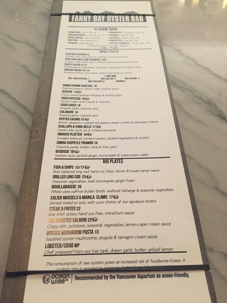 Menu at Fanny Bay Oyster Bar & Shellfish Market, Vancouver