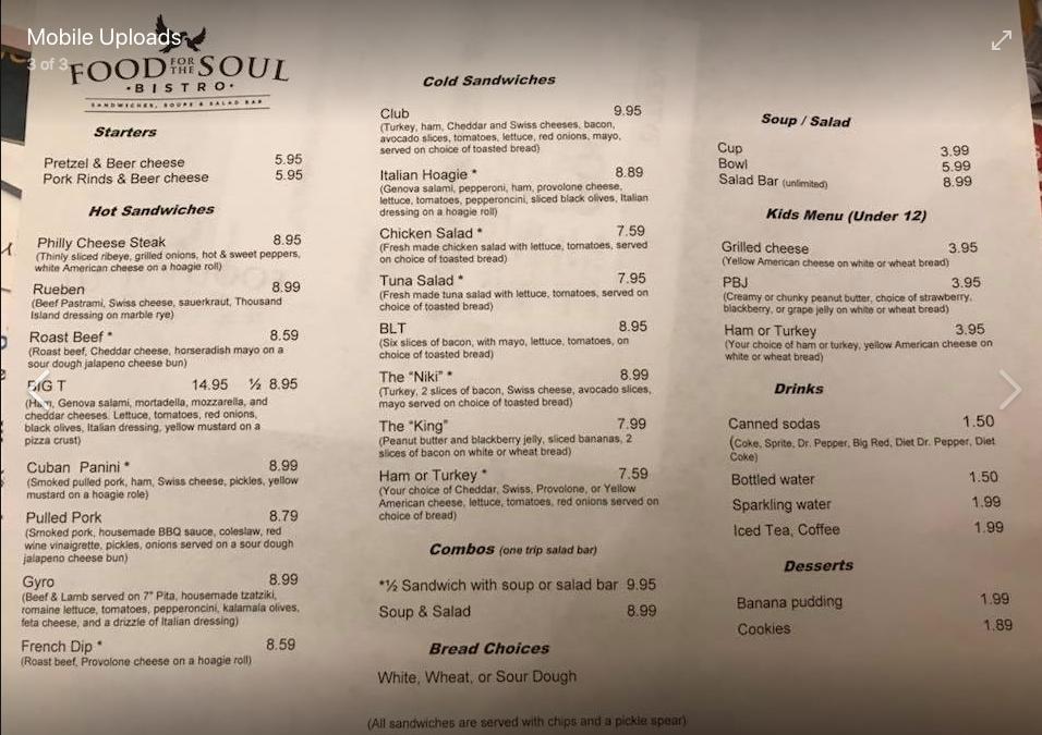 Menu at Food for the Soul Bistro steakhouse, Comfort