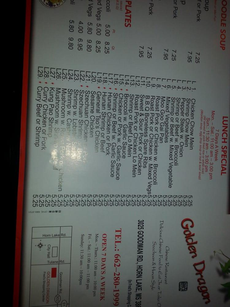 Menu at Golden Dragon Restaurant, Horn Lake