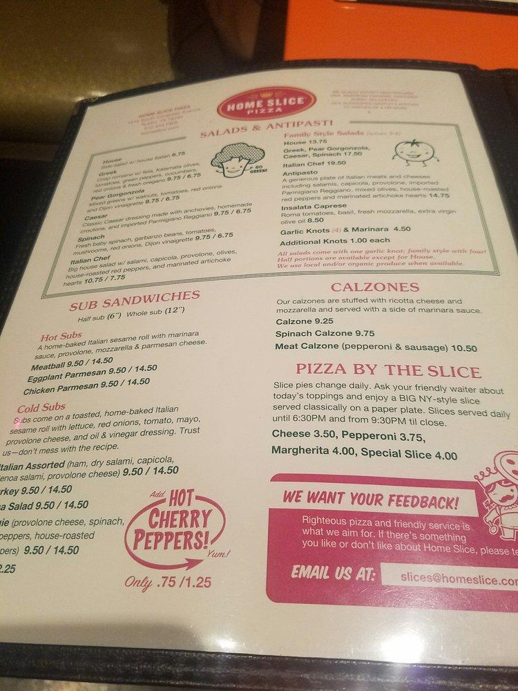 Menu at Home Slice Pizza pizzeria, Austin, S Congress Ave