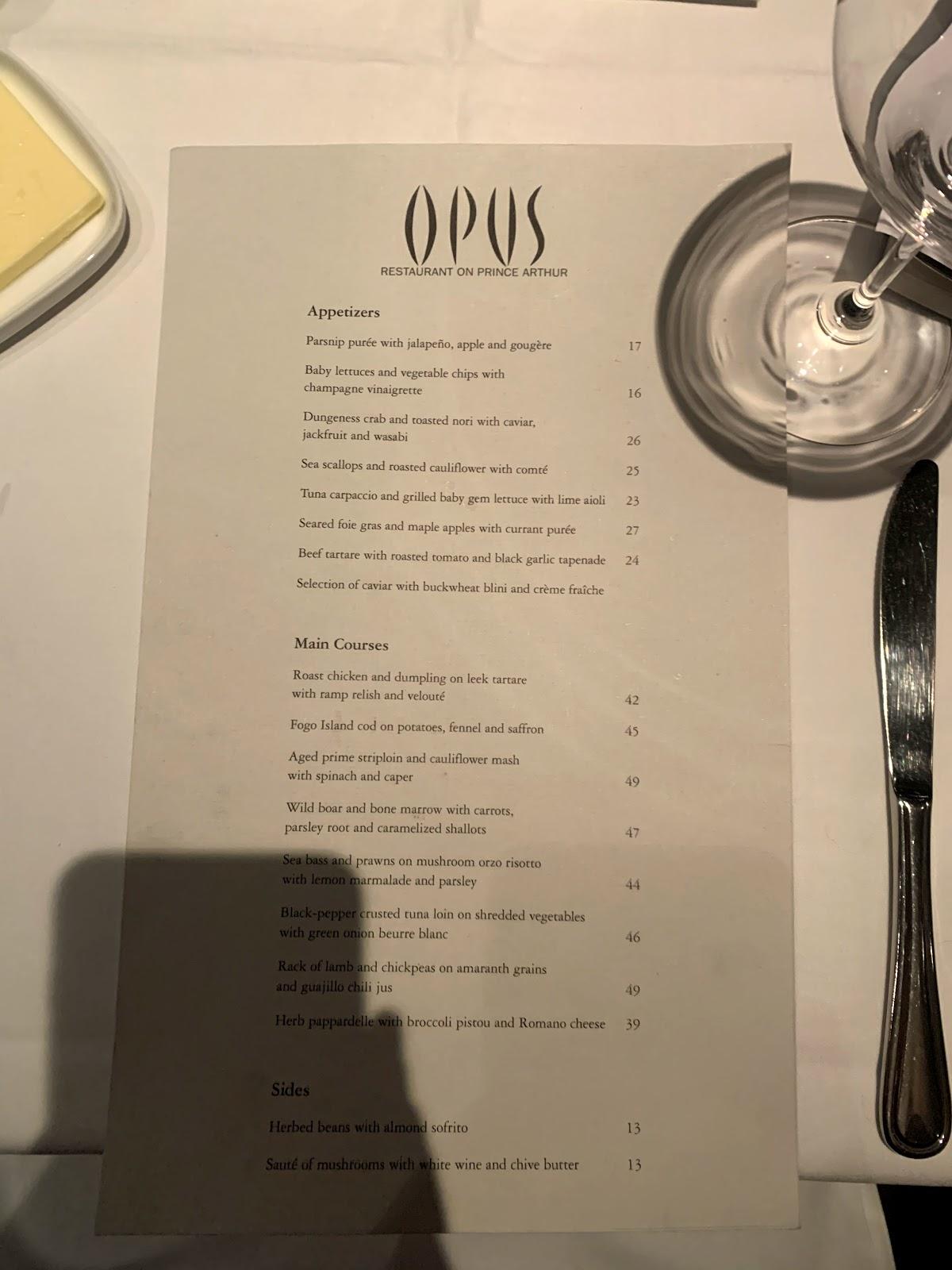 Menu at Opus Restaurant, Toronto