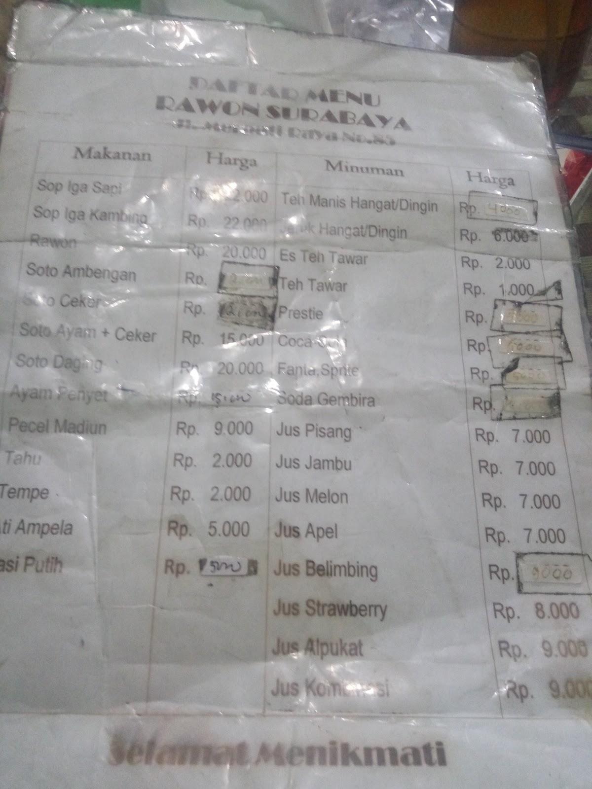 Menu at Rawon Setasiun Semut surabaya restaurant, South Tangerang