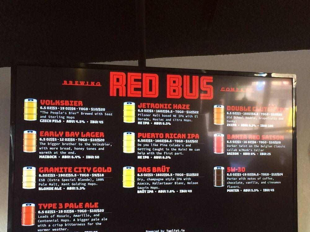Menu at Red Bus Brewing Company restaurant, Folsom