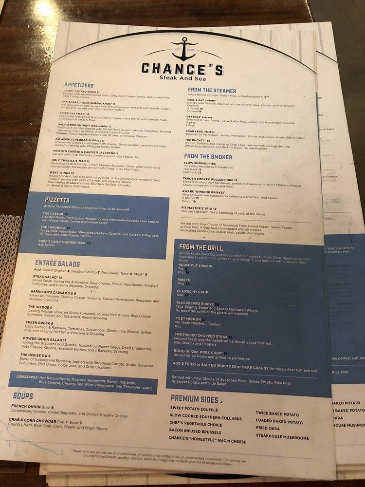 Menu at Chance's Steak and Sea steakhouse, Shallotte