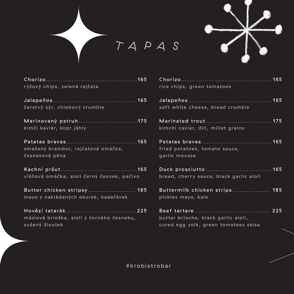 Menu at Kro Kitchen bistro & rotisserie restaurant, Prague