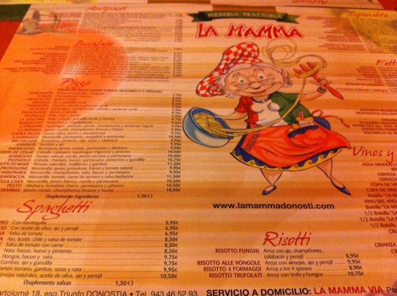 Carta de pizzería La Mamma, San Sebastián, Paseo De Colon 4