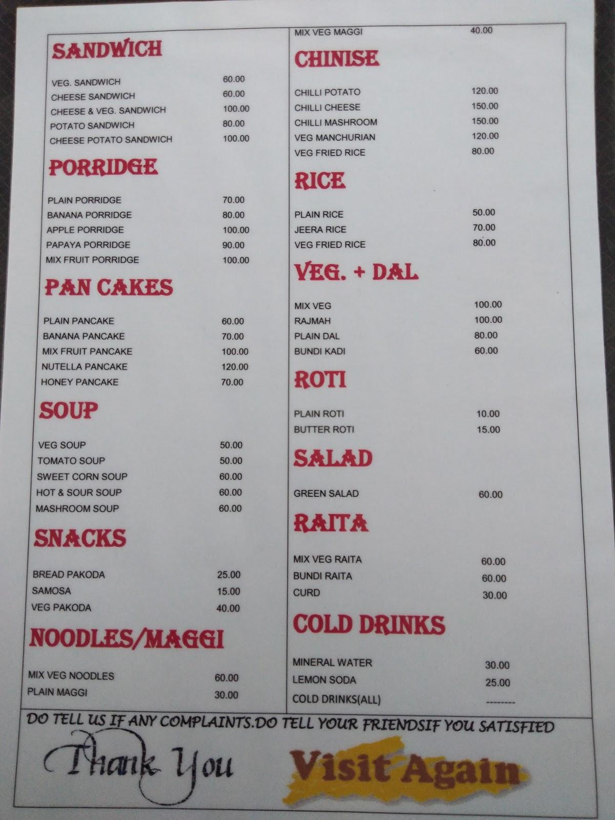 Menu at Feel Nature Cafe, Bir