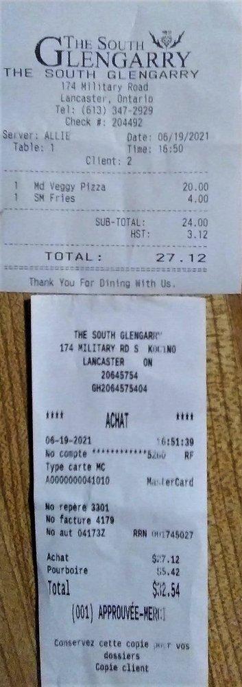 Menu at The South Glengarry Restaurant, South Lancaster
