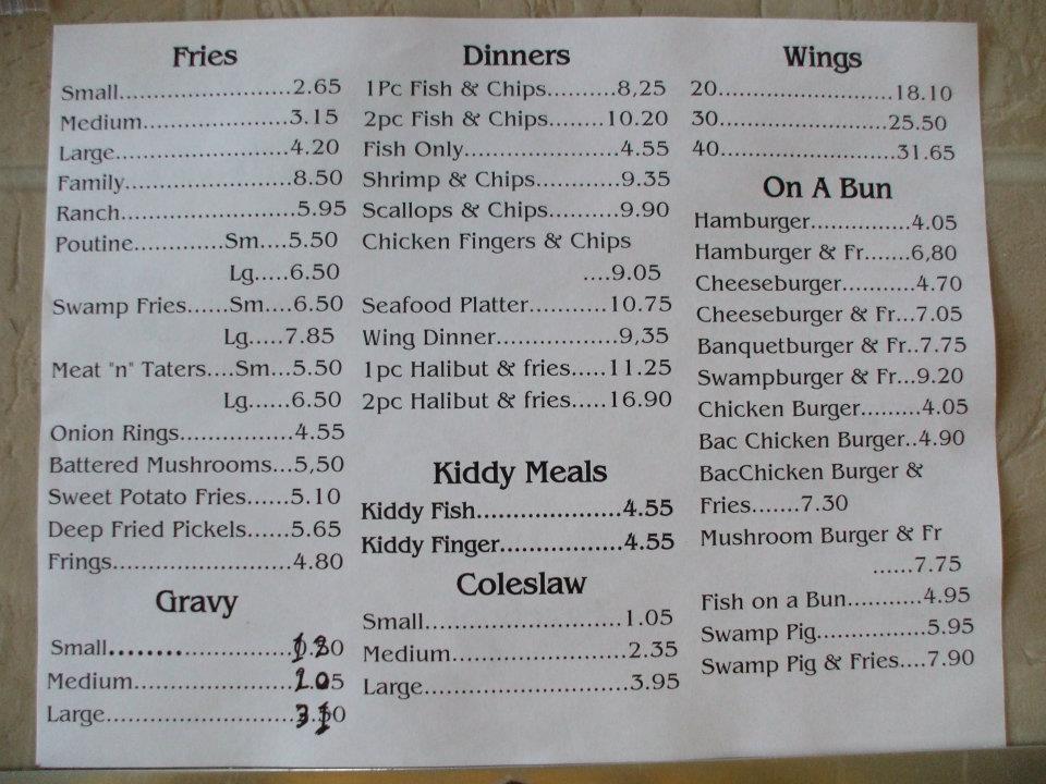 Menu at The Swamp Chiptruck restaurant, Kawartha Lakes