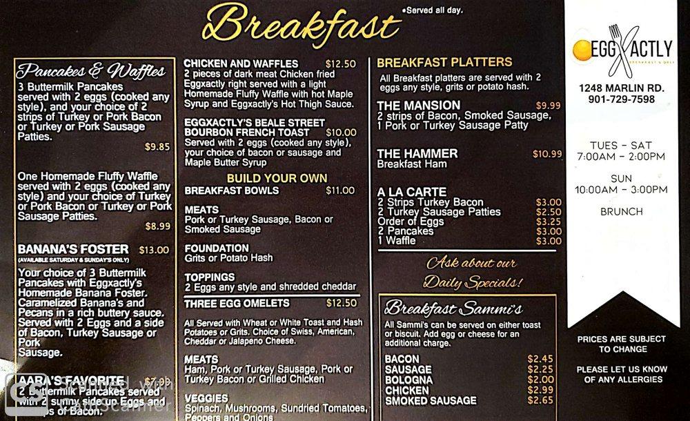 Menu at Eggxactly Breakfast & Deli restaurant, Memphis