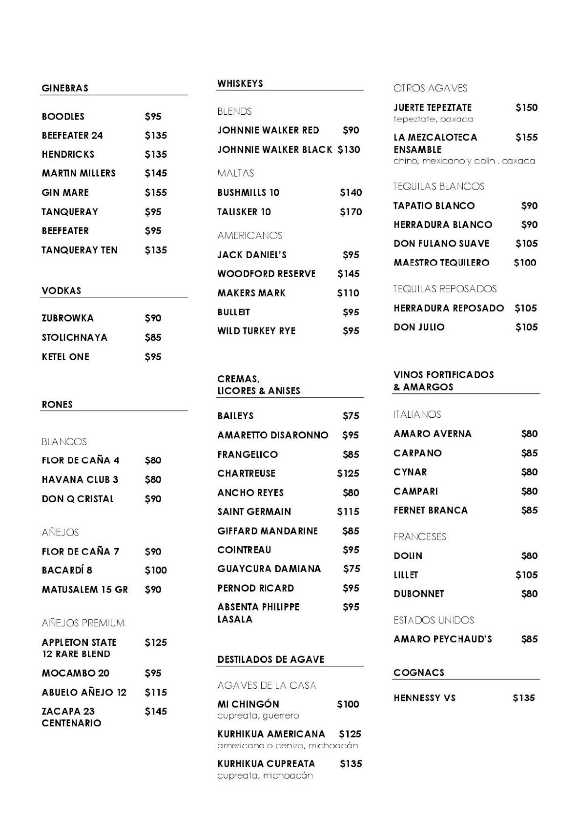 Carta del pub y bar Felina, Ciudad López Mateos
