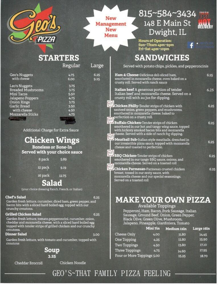 Menu at Geo's Pizza pizzeria, Dwight