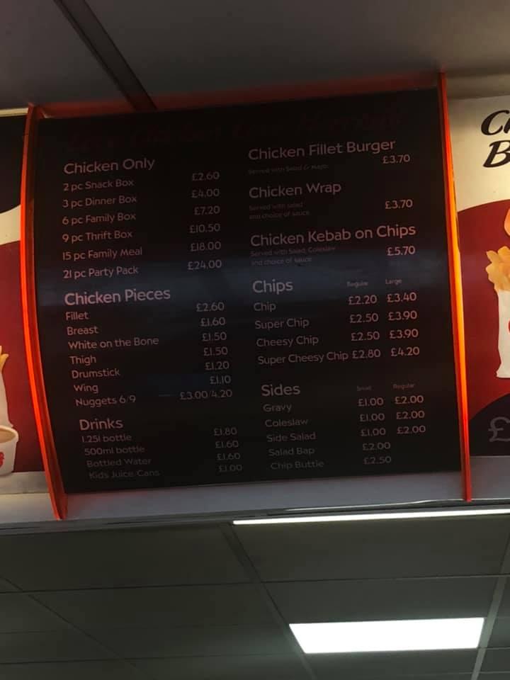 Menu at Country Fried Chicken fast food, Portadown
