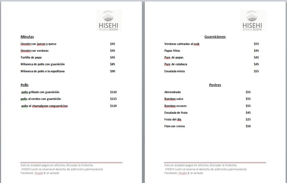 Menu at Hisehi & El venado restaurant, Canning