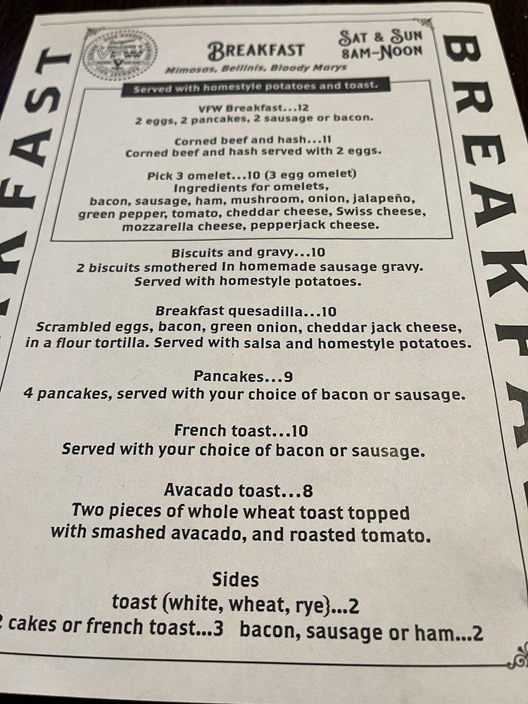 Menu at McHenry VFW Post 4600 restaurant, McHenry