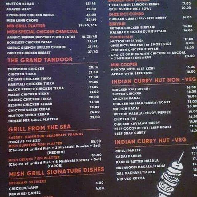 Menu at Mish grill restaurant, Dubai