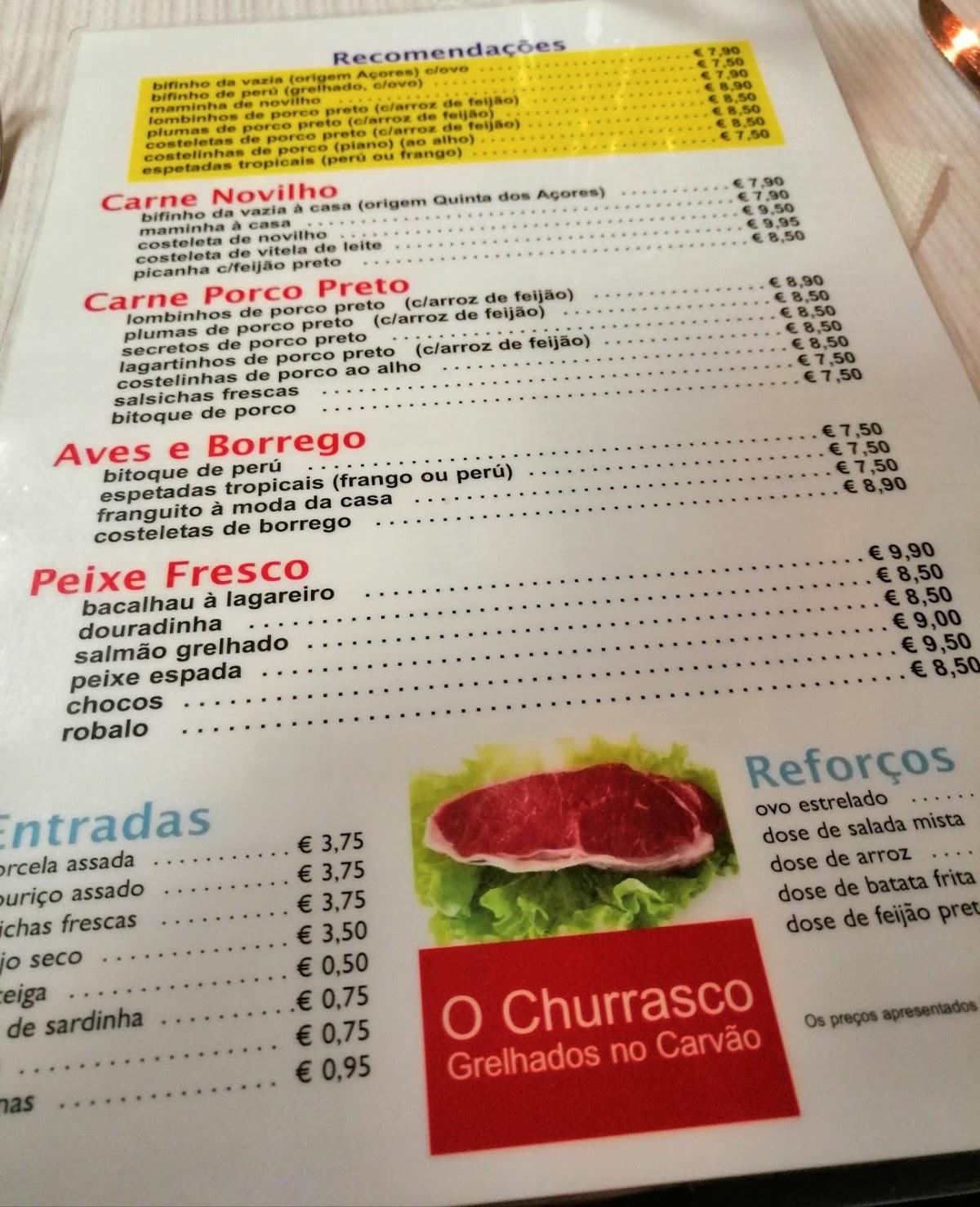Menu at O Churrasco restaurant, Lisbon