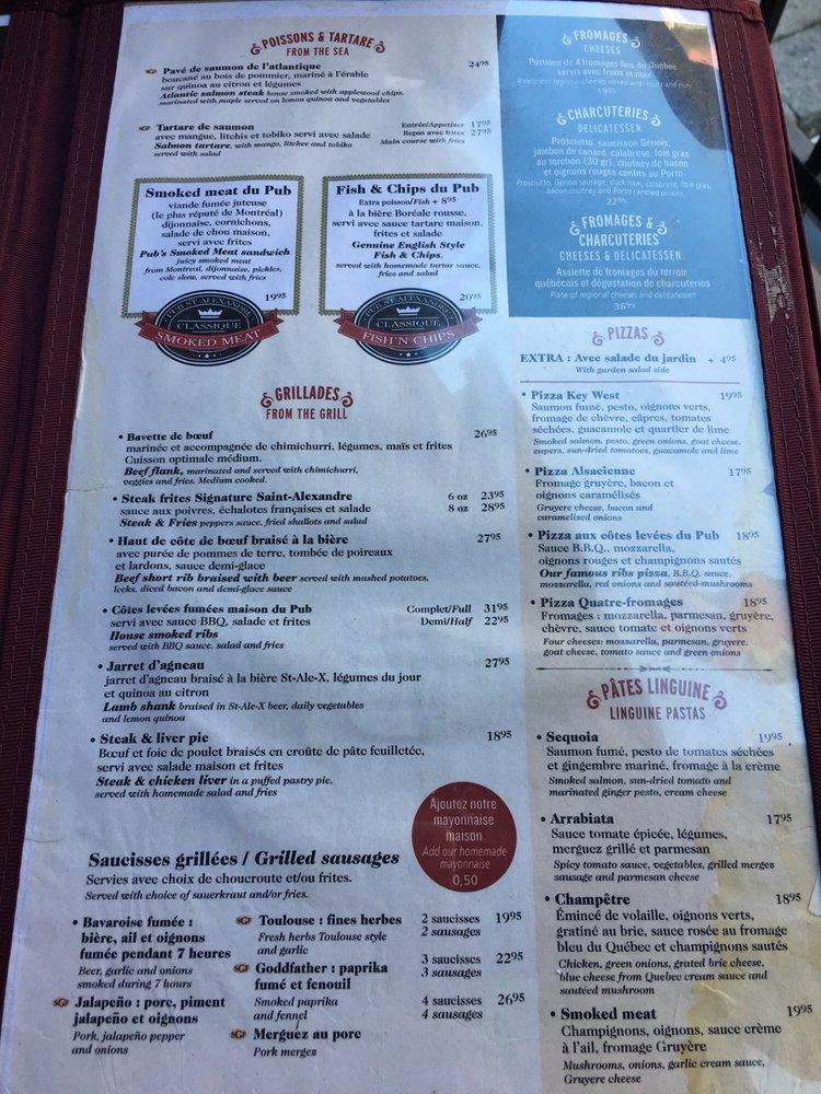 Menu at Pub St-Alexandre, Québec City