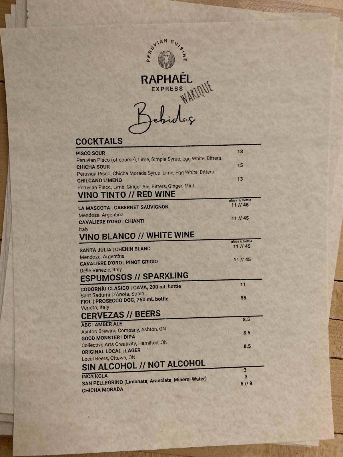 Menu at Raphaël Peruvian Cuisine restaurant, Ottawa