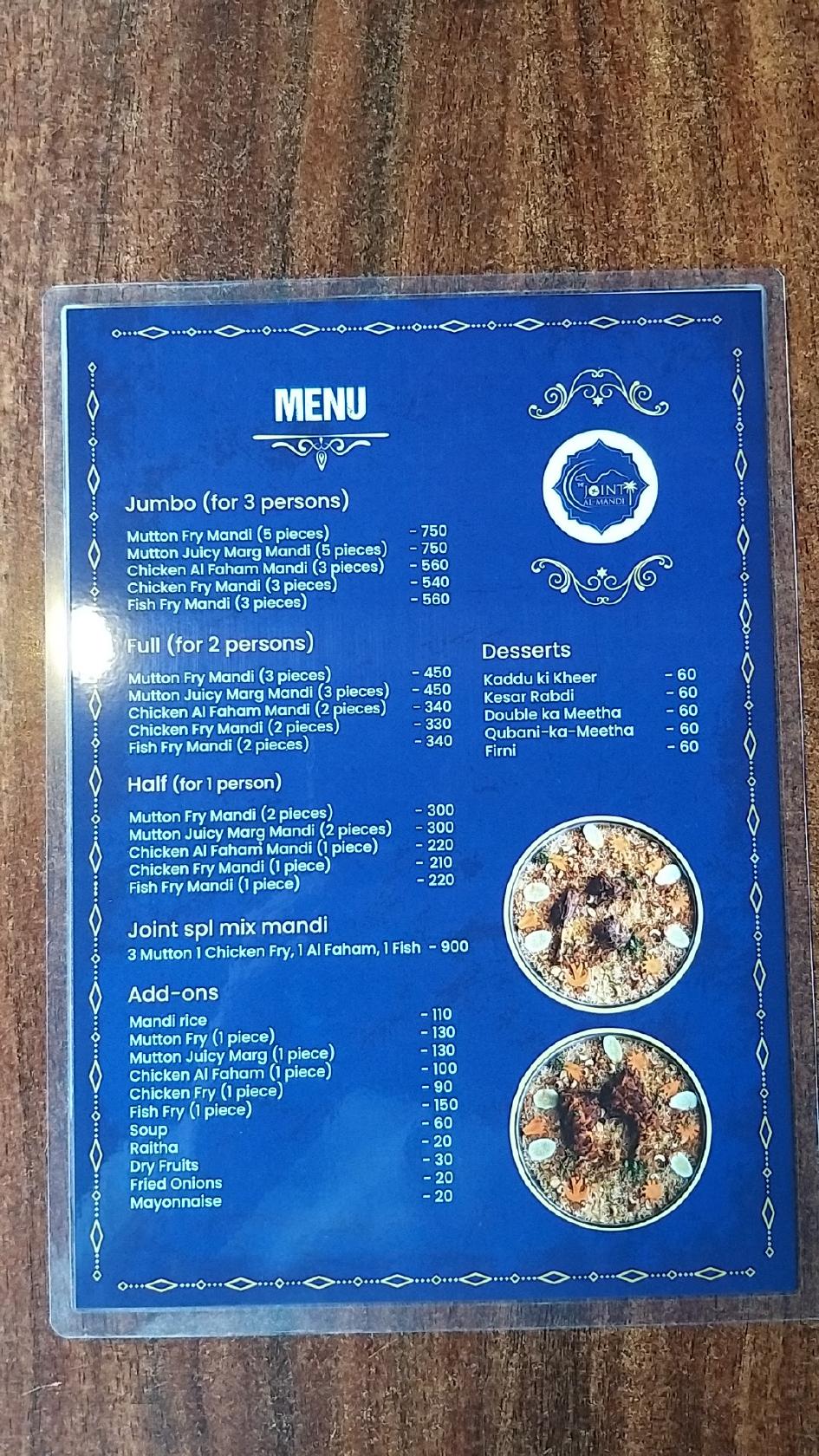 Menu at THE JOINT AL- MANDI, Secunderabad