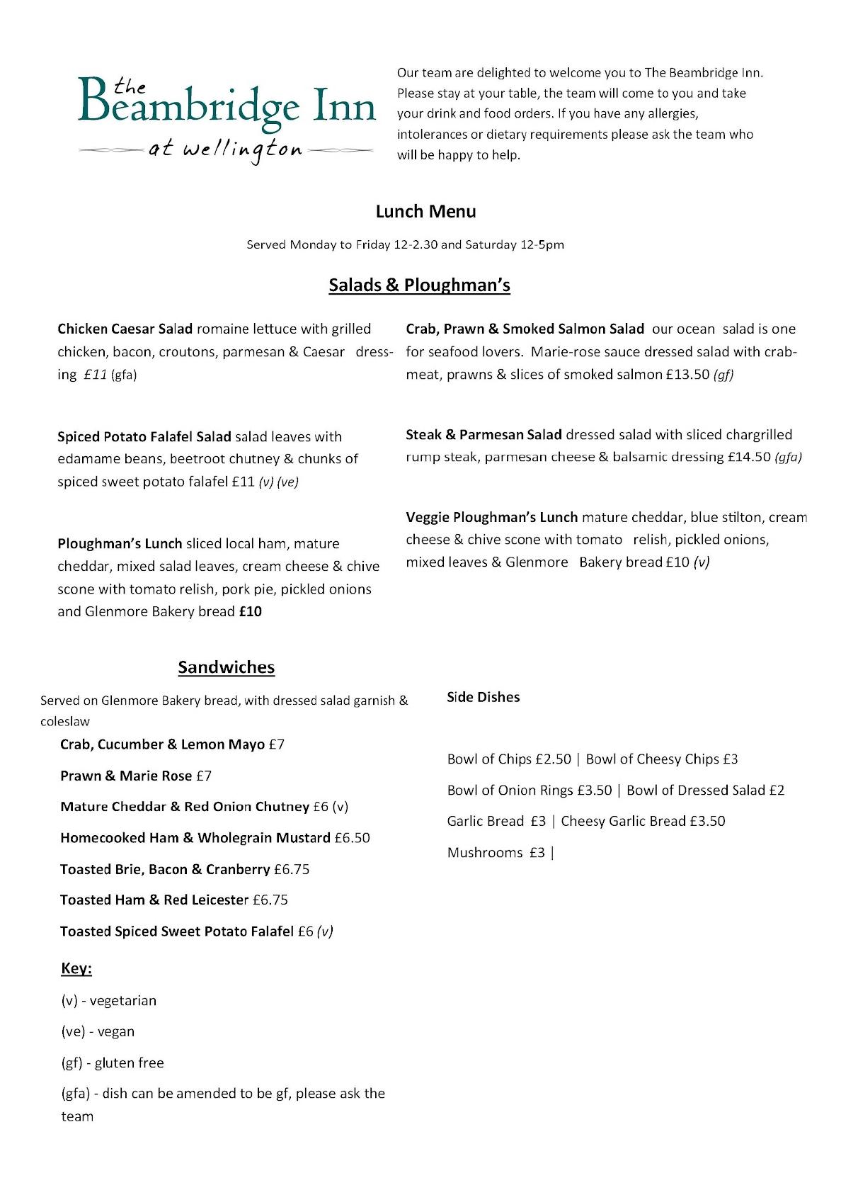 Menu at Beambridge Inn pub & bar, Rockwell Green
