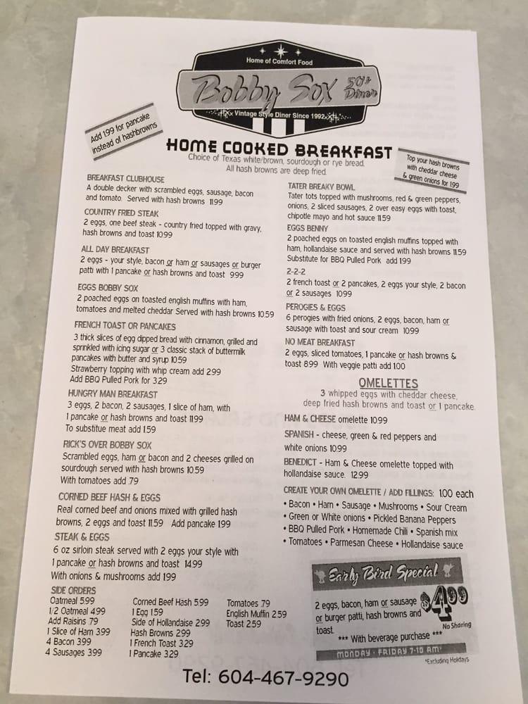 Menu at Bobby Sox 50's Diner restaurant, Maple Ridge