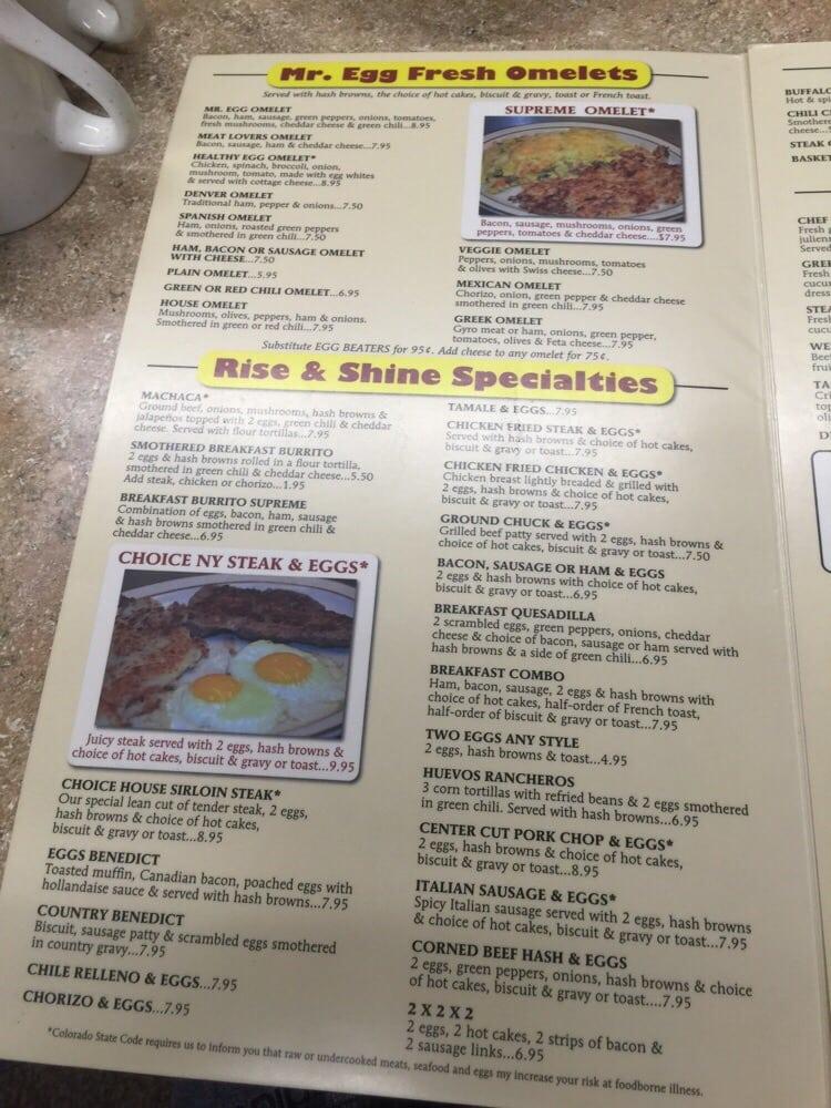Menu at Mr. Egg restaurant, Denver