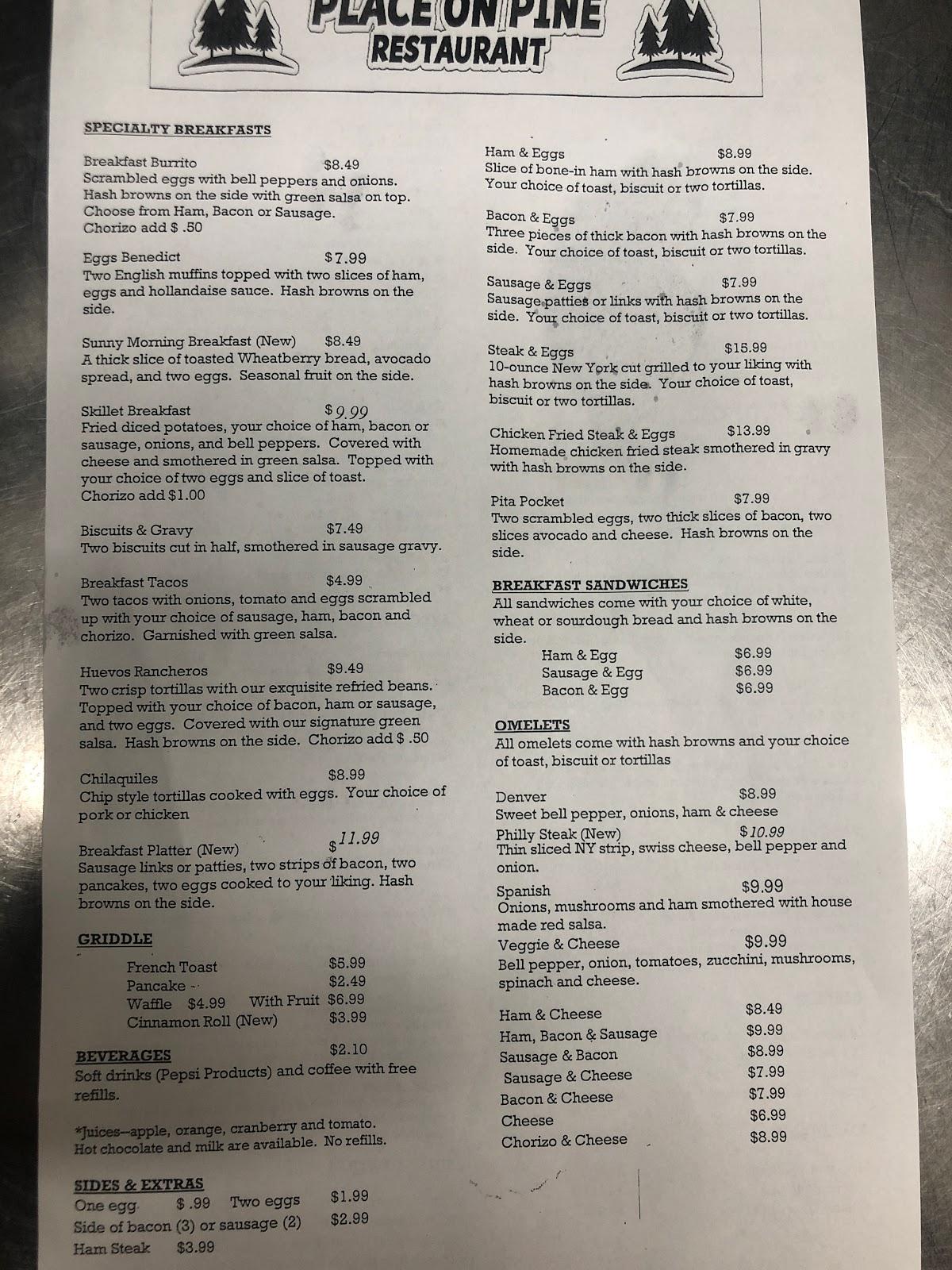 Menu at Place On Pine restaurant, Kemmerer