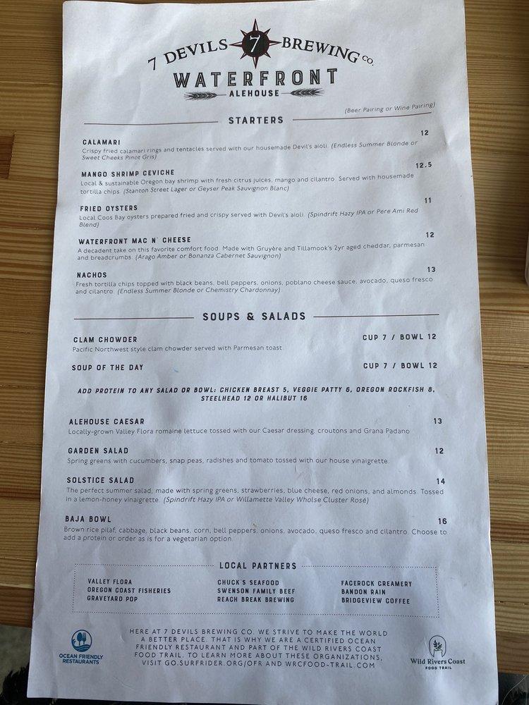 Menu at 7 Devils Waterfront Alehouse restaurant, Coos Bay