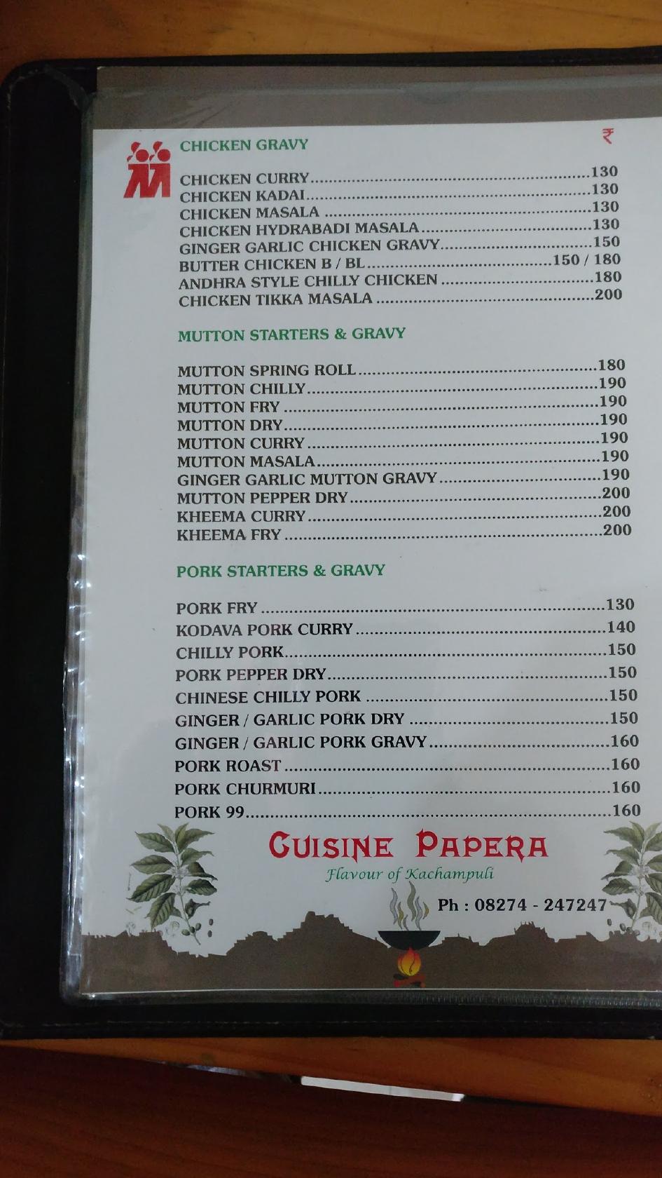 Menu at Cuisine Papera, India
