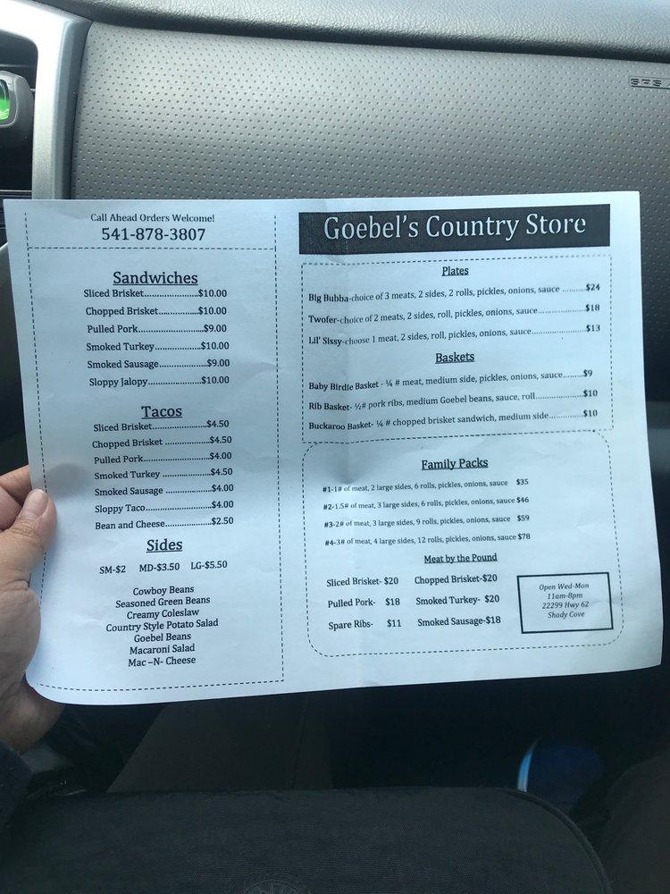 Menu at Goebel’s Country Store BBQ, Shady Cove