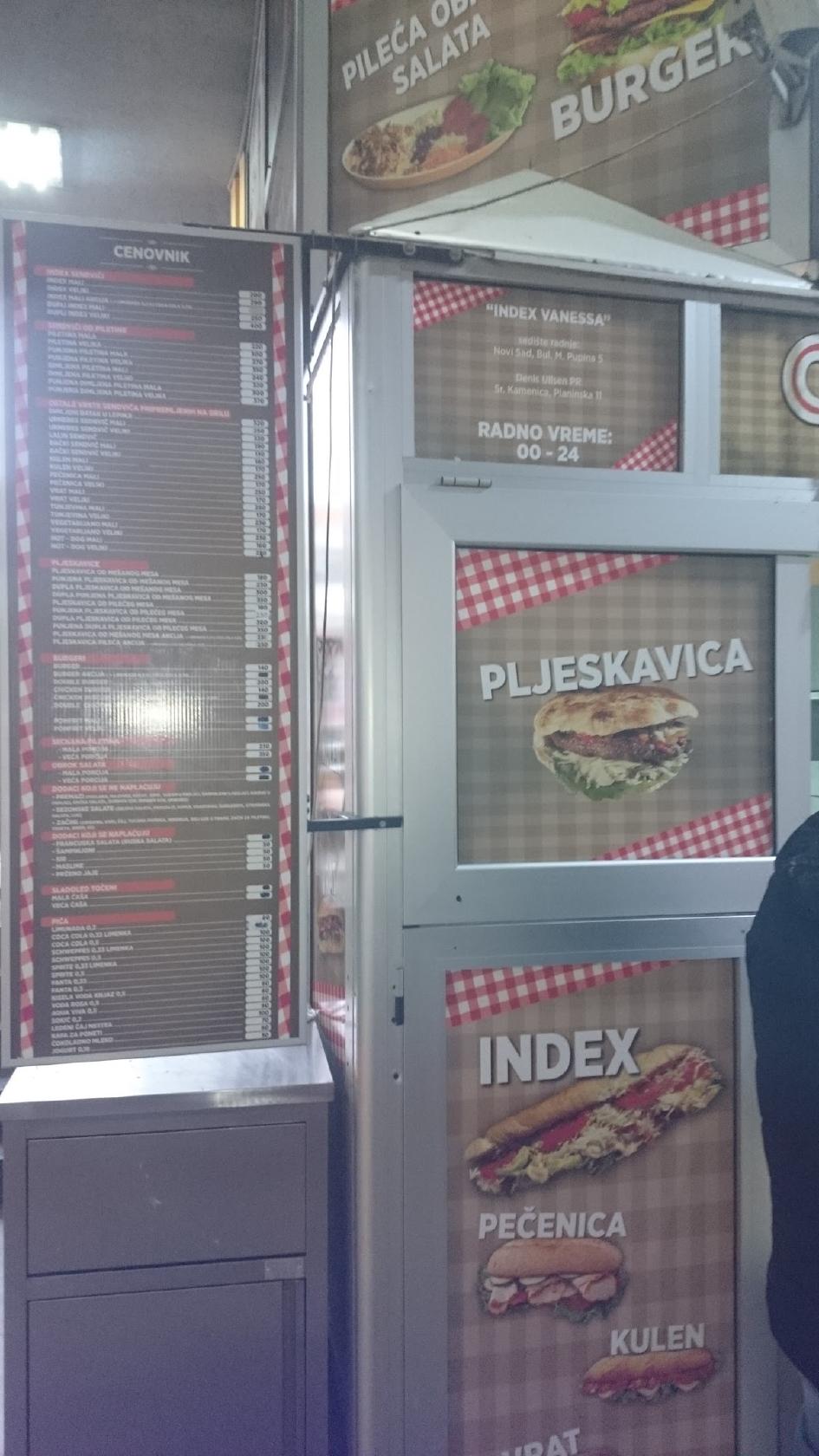Menu at Index Vanessa restaurant, Novi Sad, Braće Popović 8а