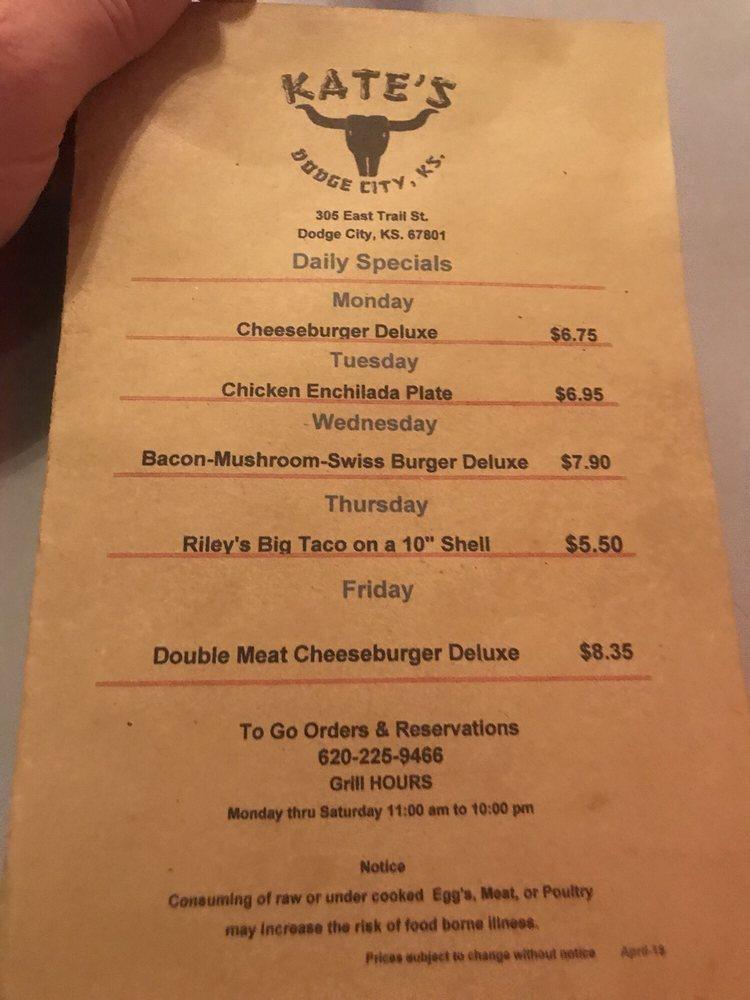 Carta del pub y bar Kate's, Dodge City