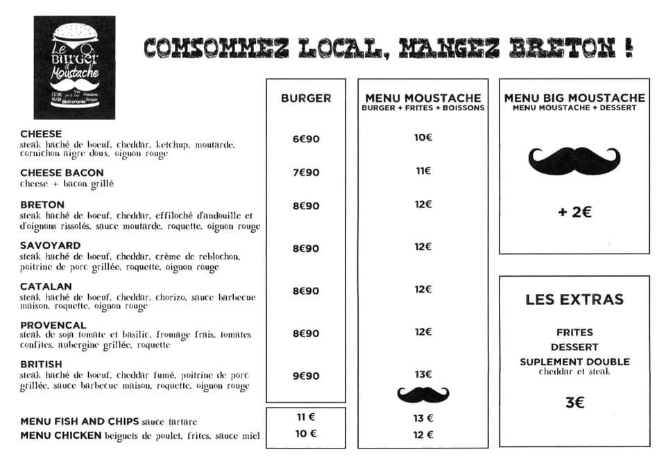 Menu au Burger Moustache restaurant, Quimper