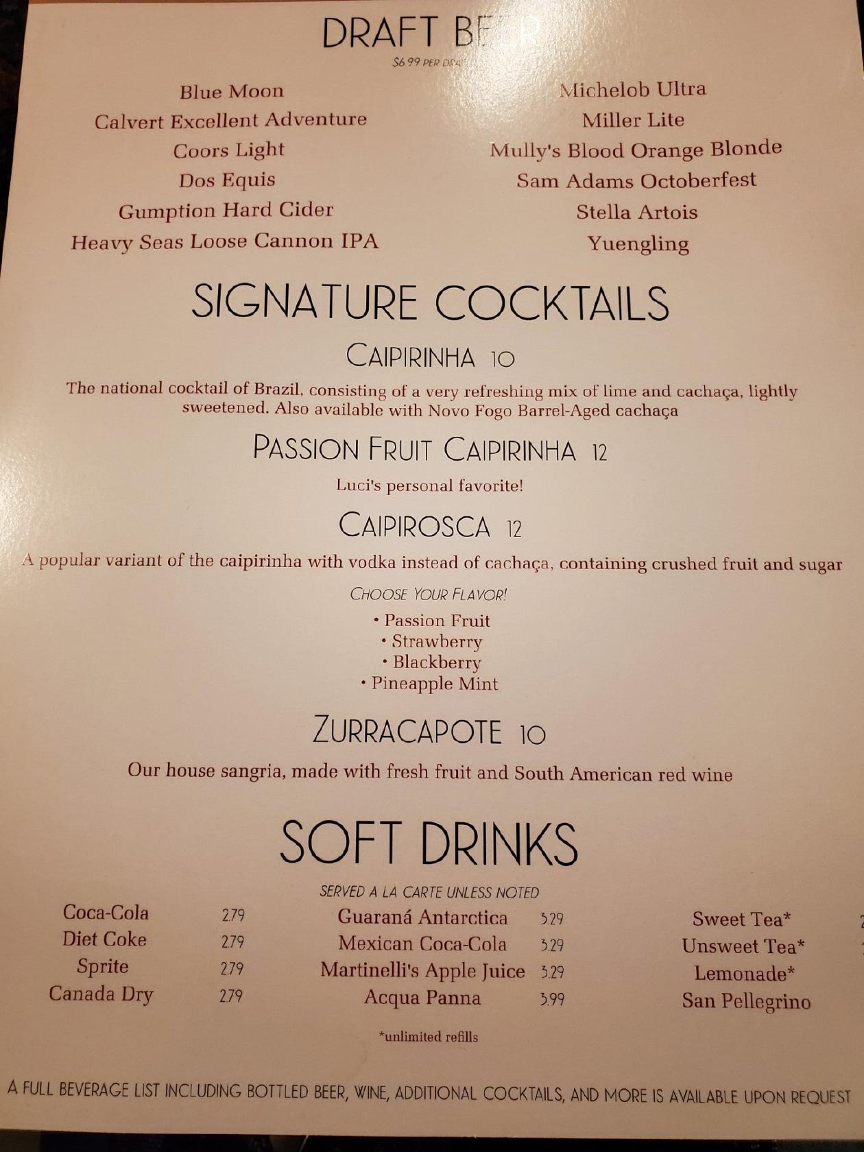 Menu at Lucianna’s Steakhouse, Waldorf