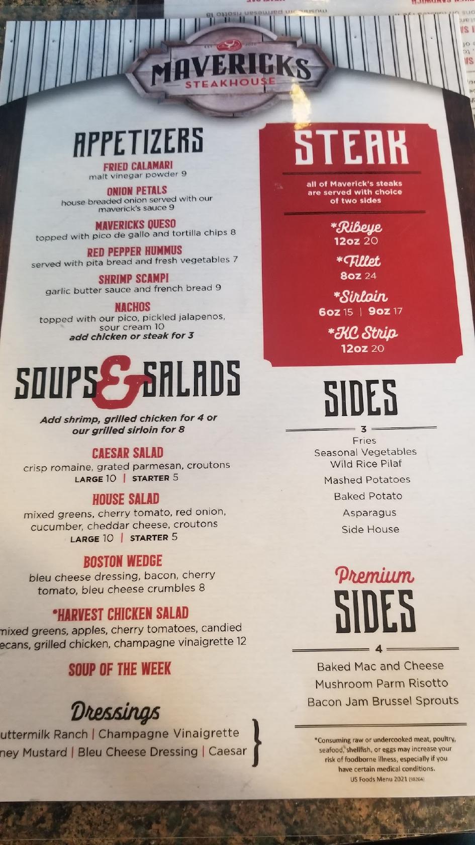 Menu at Mavericks Steakhouse, Concordia