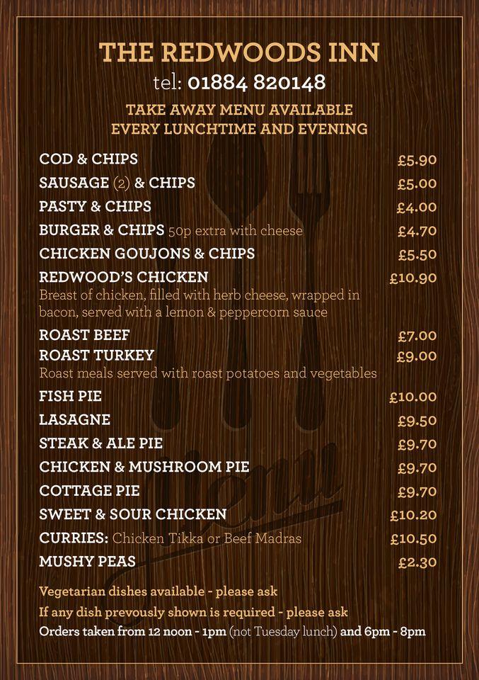 Menu at The Redwoods Inn pub & bar, Tiverton