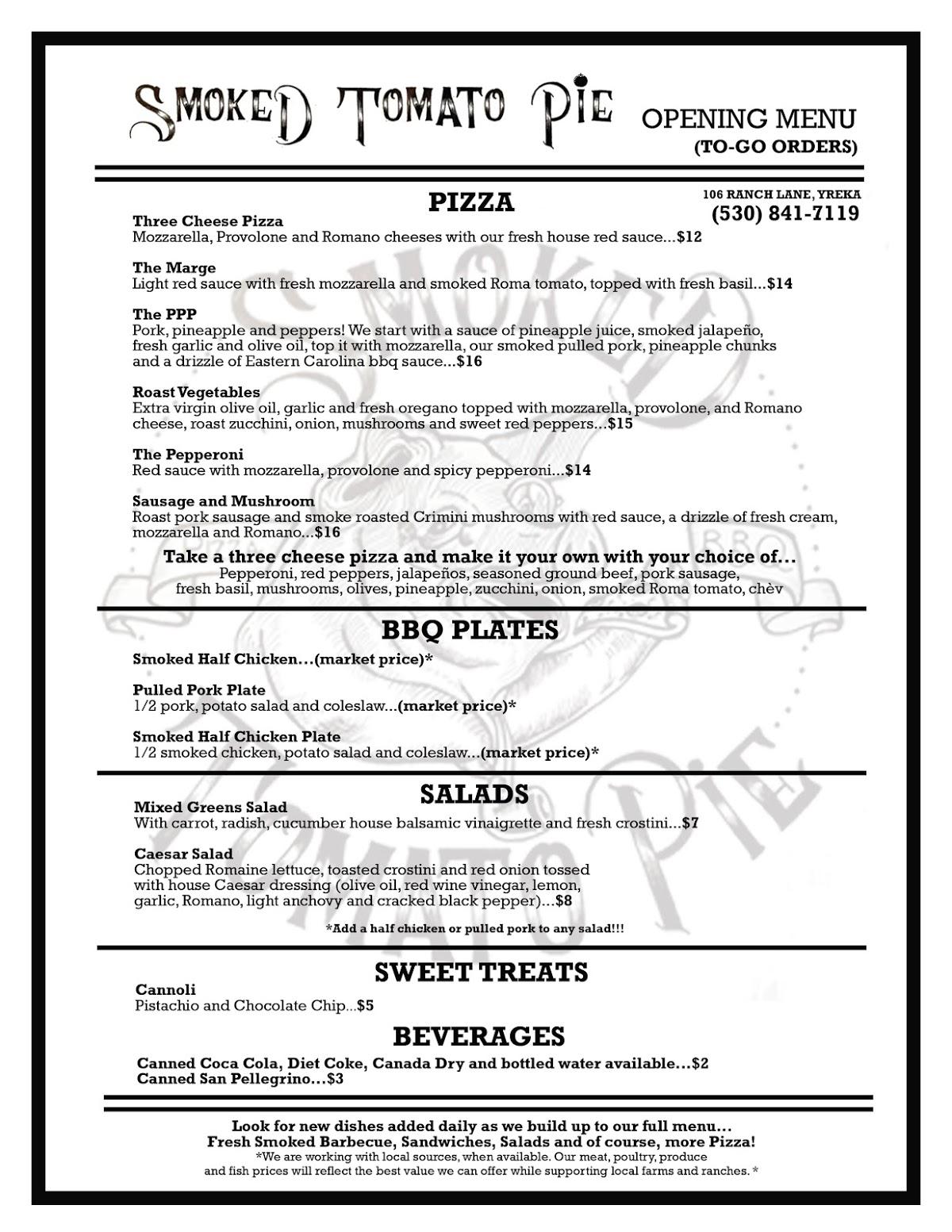 Smoked tomato pie in Yreka - Restaurant menu and reviews