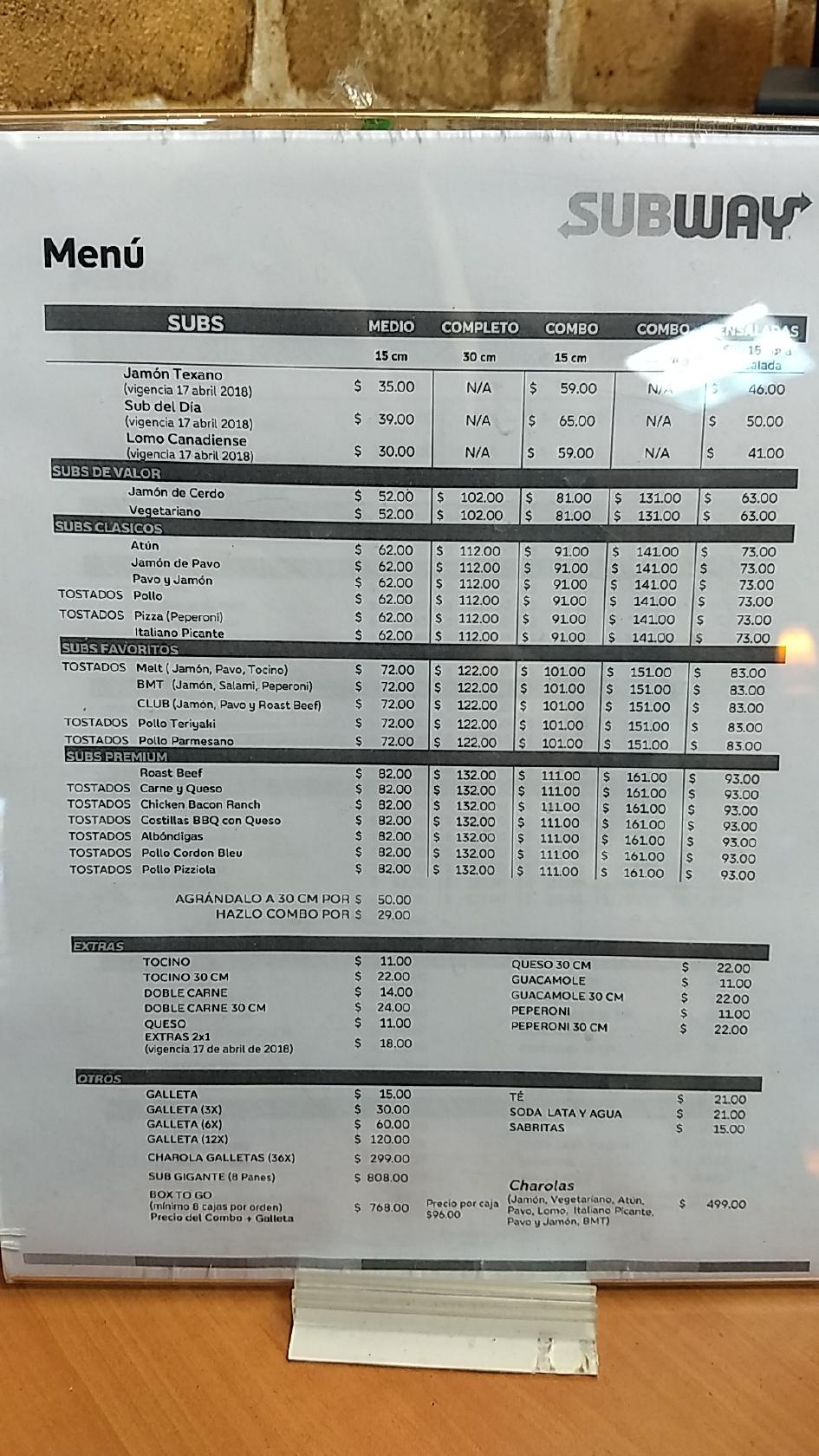 Menu at Subway restaurant, Tijuana, Blvd. 2do. Eje Oriente-Poniente 19075