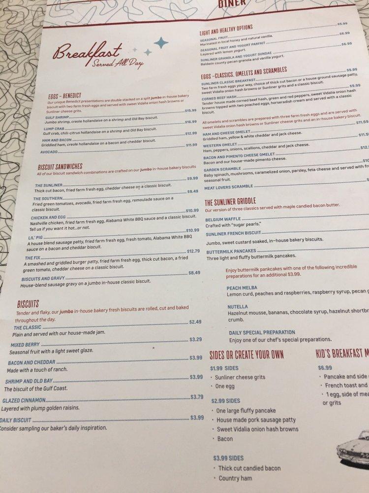 Menu at Sunliner Diner restaurant, Gulf Shores