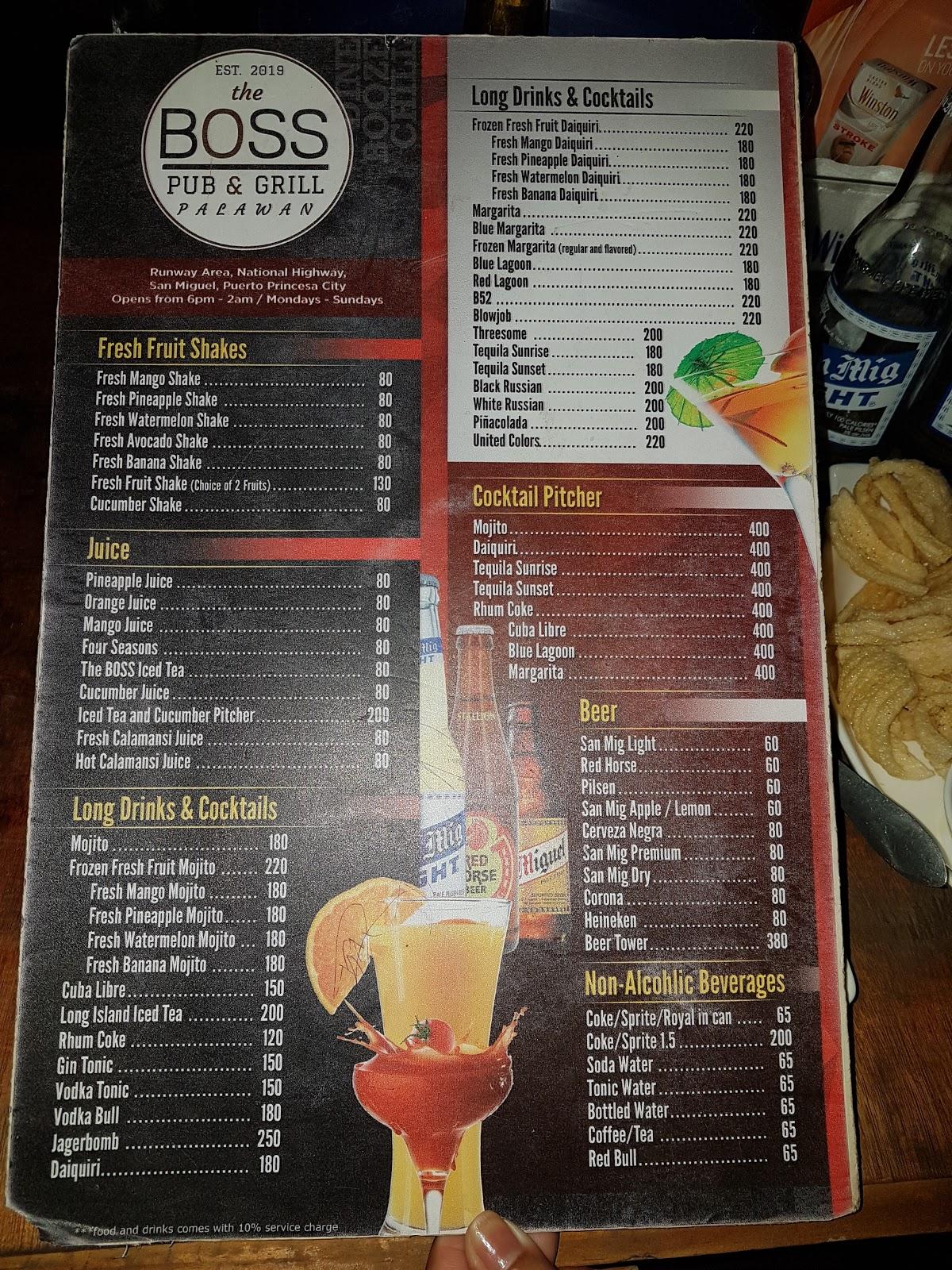 Menu at The Boss Pub and Grill, Puerto Princesa