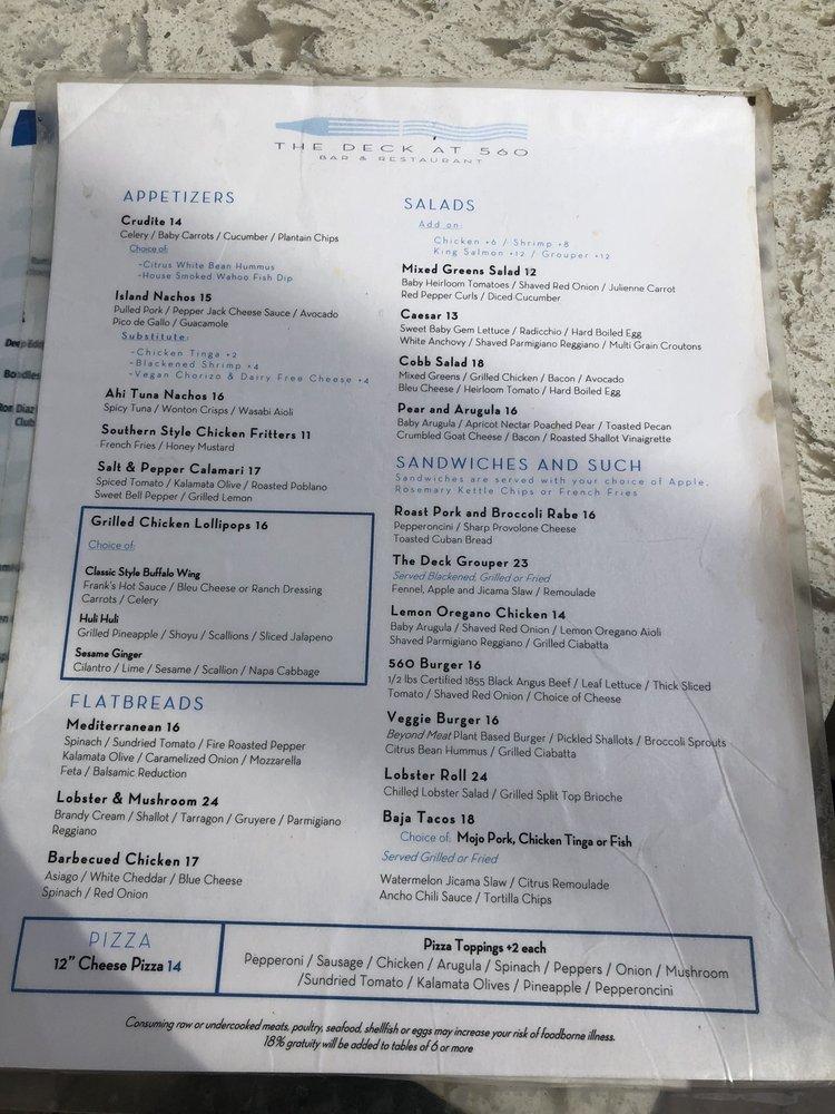 Menu at The Deck at 560 pub & bar, Marco Island